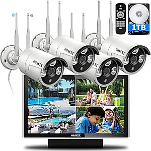 (All-in-One Monitor) 2-Antennas Enchance Outdoor Security Camera System Wireless with Monitor WiFi Home Surveillance System 3.0MP Video Surveillance