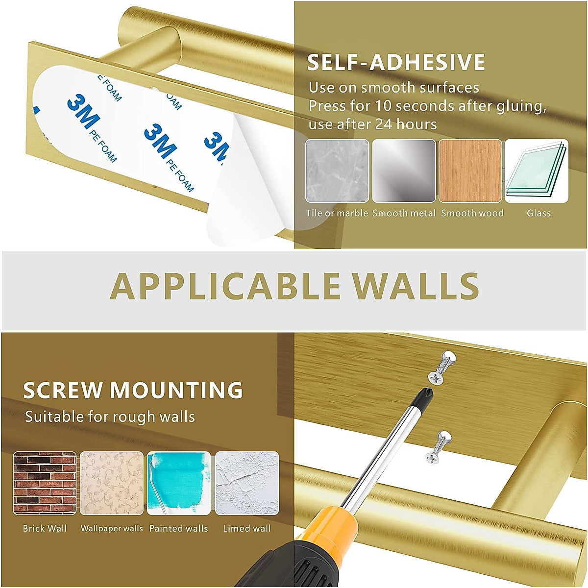 Paper Towel Holder - Eolax Under Cabinet Paper Towel Bar for Kitchen, Wall Mount Self Adhesive or Drilling Paper Towel Rack, 304 Stainless Steel (Gold)