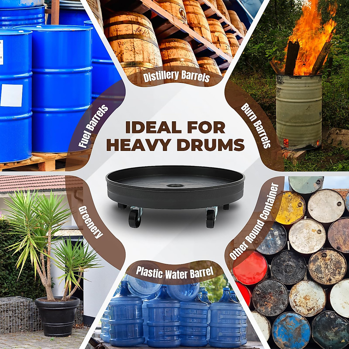 HECASA Universal Drum Dolly for 55 Gallon Round Container, 500 lbs Heavy Duty Plastic Drum Cart Barrel Cart Barrel Dolly Water Drums Trash Can Dolly with 5 Swivel Wheels for Transport Black