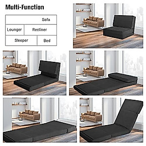 COSTWAY Convertible Flip Chair, 5-Position Adjustable Triple Fold Down Sofa Bed, Steel Frame, Soft Suede Fabric, Upholstered Floor Sleeper Dorm Game Bed for Living Room, Bedroom, Guest Room (Black)