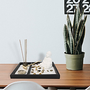 Japanese Mini Zen Garden with Incense Holder, and White Miniature Buddha Statue for Relaxation and Meditation, Perfect Home Desk Decor and Gift Set - 7" x 8.5" x 6.5"