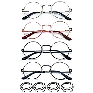 Newbee Fashion 4 Packs Round Reading Glasses with Lanyards Metal Frame Slim Rim Spring Hinge Circle Frame Vintage Reading Glasses +2.50