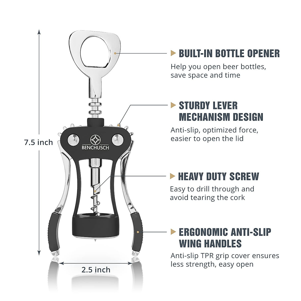 Manual Wine Opener - Multifunctional Zinc Alloy Premium Wing Corkscrew Wine Bottle Opener - Built-In Beer Cap Openers Accessories - Used In Kitchen, Restaurant & Bar (Black)