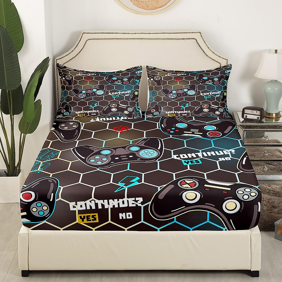 Erosebridal Gamer Twin Size Bedding Set for Boys Girls Gaming Bed Sheets, Neon Honeycomb Fitted Sheet Video Game Sheets, Geometric Hexagon Bedding Kids Teens Room Decor, Black Bed Cover 2 Pieces