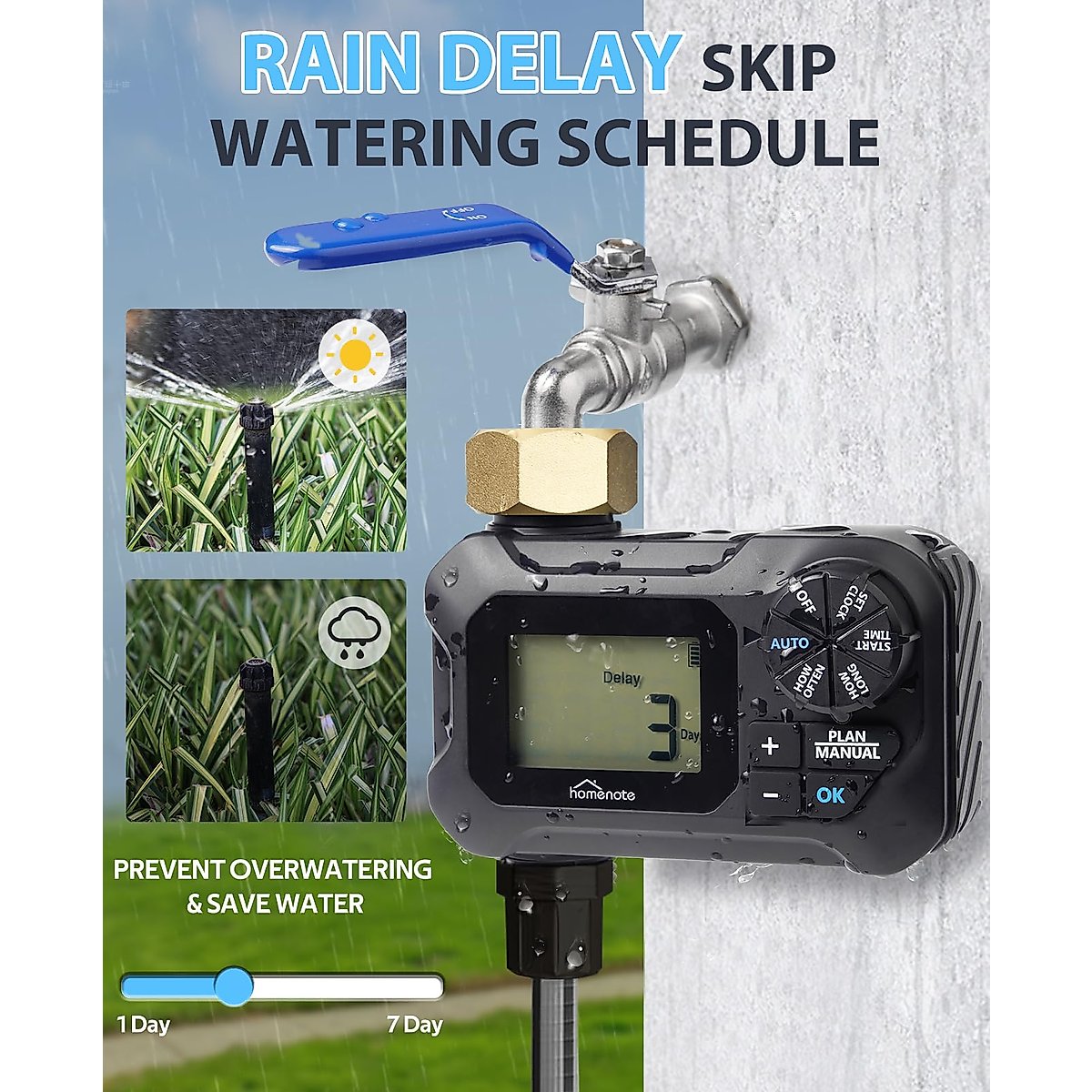 HOMENOTE Sprinkler Timer, Water Timer for Garden Hose, Programmable Hose Timer for Lawn Watering System Automatic Irrigation System with Rain Delay/Manual Mode, IP65 Waterproof