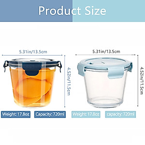 3-Cup/24 Ounce Glass Food Storage Containers, Round Glass Soup Container with Airtight Lids, Leak-proof Soup Stew Food Storage and Meal Prep Container, Microwave Freezer Safe, 2pcs(Blue+Dark Blue)