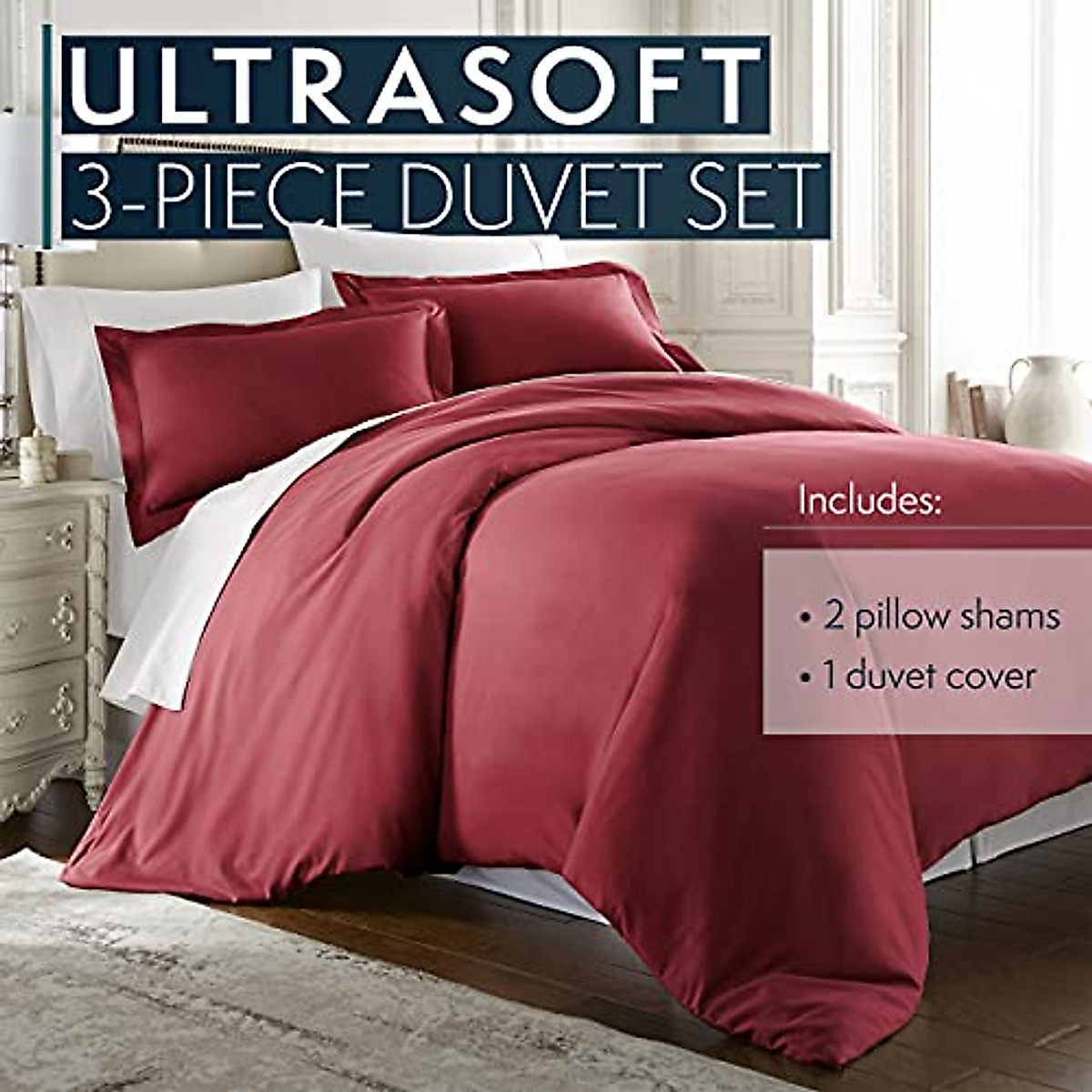 HC COLLECTION 1500 Thread Lightweight Duvet Cover Bed Linen Set with Zipper Closure for Comforters with 2 Pillow Shams, Queen, Burgundy