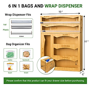 WHOMASS Foil and Plastic Wrap Organizer with Cutter 6 In 1 Bamboo Magnetic Storage Bag Organizer for Kitchen Drawer, Compatible with Gallon, Quart, Sandwich, Snack, Aluminum Foil