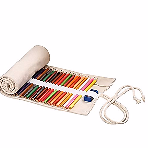 Creative Canvas Roll Up Pencil Case Large Capacity Pen Pencil Pouch Holder Color Pencils Wrap Stationery Case Pencil Organizer for Student Artist Traveler Gifts 36/48/72 Slots (72-Slots, White)