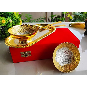 Indian Art Villa Silver Plated Gold Polished Bowl Set with Spoon Tray, Diwali Gift Item