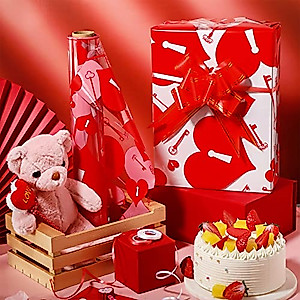 Valentine's Day Heart Cellophane Wrap Rolls 32 in x 100 ft Transparent Treat Gift Basket Wrapping Cellophane Paper Clear Plastic Roll with Red Pull Bows Ribbons for Valentine Birthday Holiday Flowers