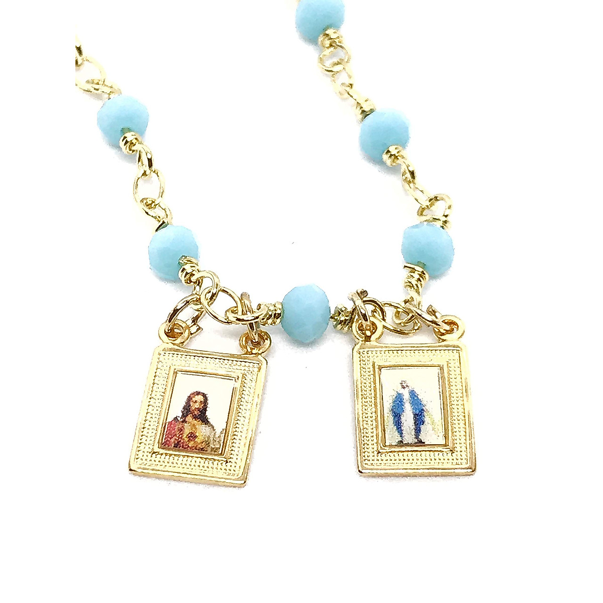 LESLIE BOULES Blue Ligth Beads Scapular Necklace for Women Hand-Craft Religious Jewelry