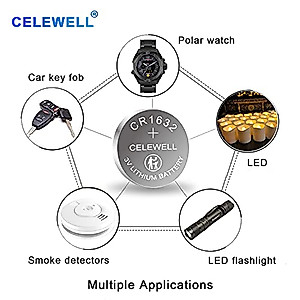 CELEWELL CR1632 5 Pack CR 1632 Battery Lithium 3v for Garmin Vivofit Jr Key Fob Replacement 【5-Year Warranty】