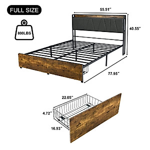 Catrimown Full Size Bed Frame with Charging Station and Storage Headboard, Platform Bed Frame Full Size with Storage Drawers, No Box Spring Needed/Strong Slat Support/Easy Assembly, Rustic Brown