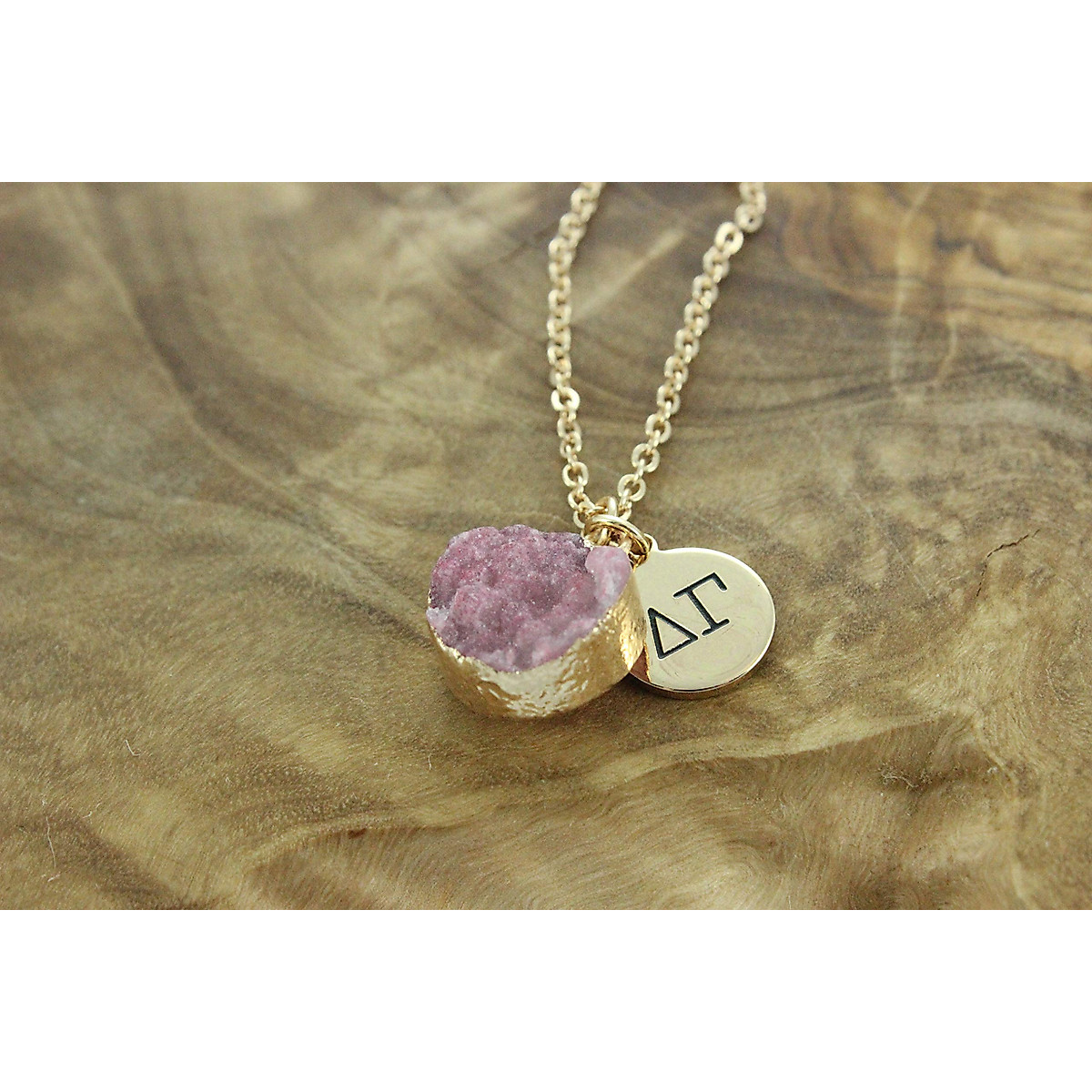 Sorority Shop DG Necklace - Delta Gamma Pink Druzy Gemstone Necklace With Engraved Pendant – 14K Gold Dipped Jewelry with Pink Gemstone – Sorority Gift, Charm Paraphernalia