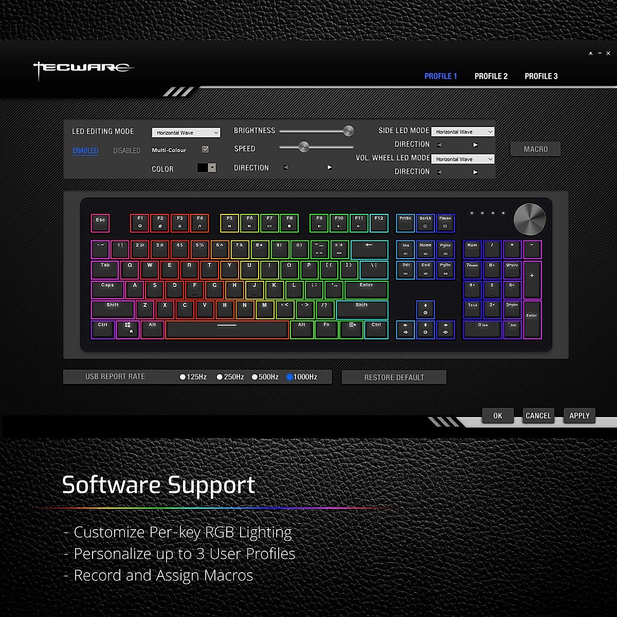 TECWARE Spectre Pro, RGB Mechanical Keyboard with Volume Knob, Full Size 104 Keys (Outemu Brown)