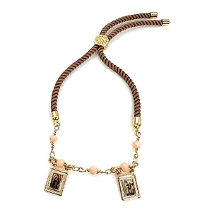 LESLIE BOULES Catholic Scapular Bracelet Crystal Beads & Brown Satin Cord
