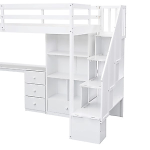 Harper & Bright Designs Twin Loft Bed with Stairs and L-Shaped Desk, Solid Wood Loft Bed Frame with Bookcase and Storage Drawers, for Kids Teens Adults (Twin Size, White)