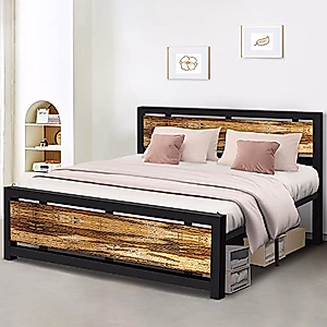 Aqgrj King Bed Frame, Platform Bed Frame King Size with Wood Headboard and 12 Strong Metal Supports,Easy Assembly, Noise-Free No Box Spring Needed