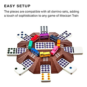 Brybelly 8-Pack Mexican Train Dominoes Tokens Premium Wood Upgrade Pack - Real Wood Markers Modeled After Real Trains - Detailed Colorful Screen Print - Great Gift - Board Game Tile Accessories