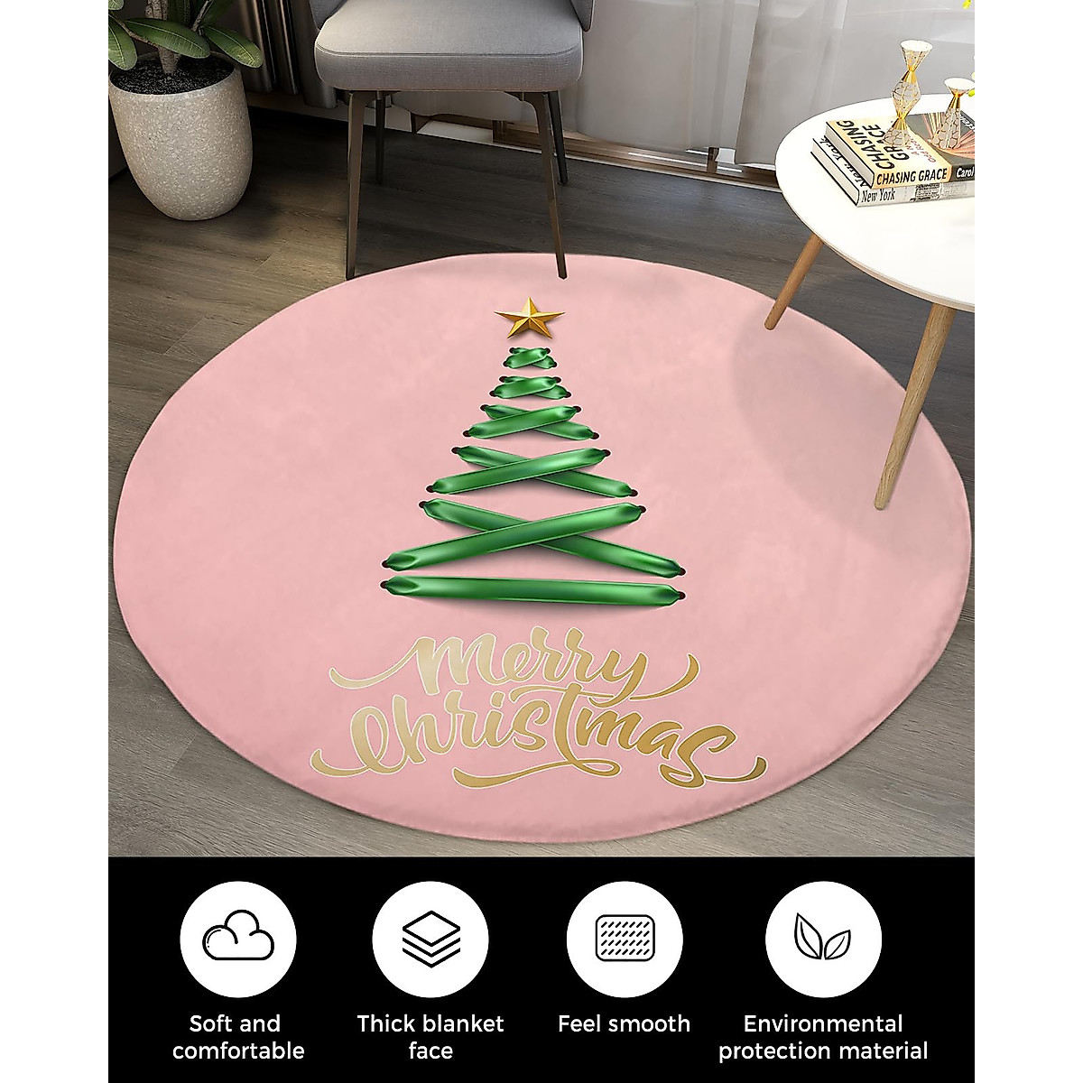 Christmas Fluffy Round Area Rug Carpets 5ft,Plush Shaggy Carpet Soft Circular Rugs,Non-Slip Fuzzy Accent Floor Mat for Living Room Bedroom Nursery Home Decor Geometric Abstract Contemporary Tree Pink