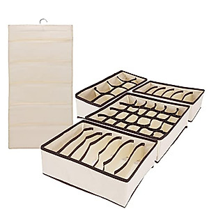 5pcs Underwear Drawer Organizers Divider Foldable Cabinet Closet Hanging Bag, Wardrobe Storage Box for Clothes, Socks, Ties, Belts(Beige)