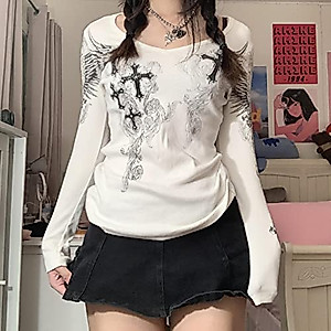 vaflower Women Y2K Long Sleeve Patchwork Lace Square Neck Crop Top Tshirt Slim Fit Harajuku Vintage Streetwear Blouse Tops (A1-White,M)