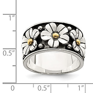 Diamond2Deal Sterling Silver Antiqued 14k Gold Centers Daisy Wedding Band Ring Size 8
