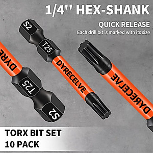 10-Pack T25 Torx Bits for Impact Driver- Torx Bit Set 2'' Long, Profession Star Bits Set, Magnetic T-25 Torx Bit, S2 Alloy Steel Torque Bits, T Bit Set 1/4'' Hex-Shank, Star Drill Bit Set, T25 Bit