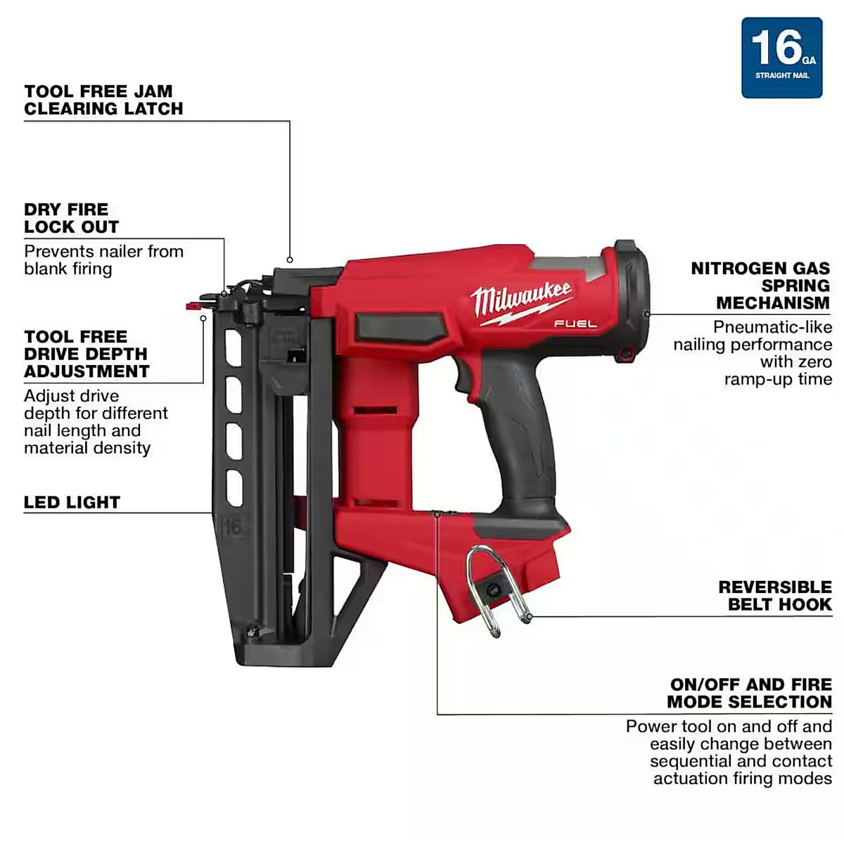 Milwaukee 3020-20 M18 FUEL 18-Volt Lithium-Ion Brushless Cordless Gen ll 16-Gauge Straight Finish Nailer (Tool Only)