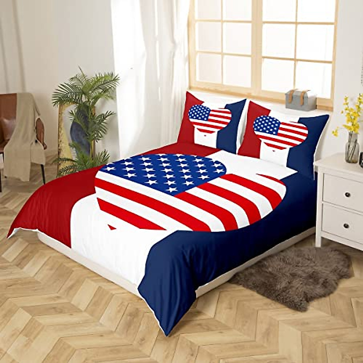 Erosebridal American Flag Duvet Cover Full, Flag Stars Stripes Bedding Set for Children, Independence Day American Flag USA Patriotic Heart Comforter Cover, United States Stripe Red Blue Quilt Cover