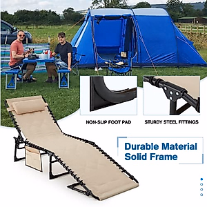 HOMREST Patio Chaise Lounge Chair, Folding Recliner Adjustable Lounge Chair with Detachable Pocket and Pillow, Lightweight Pool Lounge Chairs for Outdoor Beach Lawn and Sunbathing（Khaki）