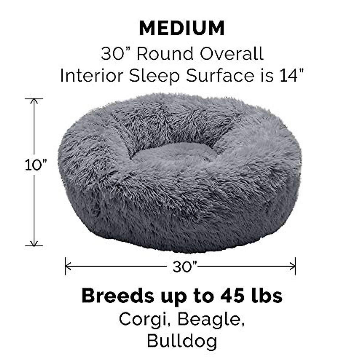 Furhaven 30" Round Calming Donut Dog Bed for Medium/Small Dogs, Refillable w/ Removable Washable Cover, For Dogs Up to 45 lbs - Shaggy Plush Long Faux Fur Donut Bed - Gray, Medium