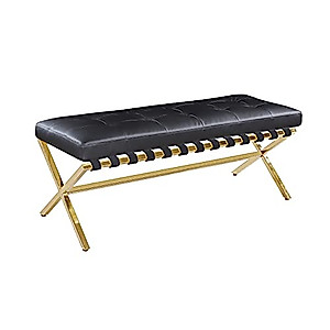 Iconic Home Claudio PU Leather Modern Contemporary Tufted Seating Goldtone Metal Leg Bench, Black