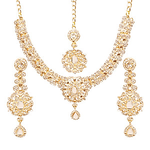 Touchstone Indian Bollywood Contemporary Fabulous Style Definition Rhinestone Designer Jewelry Wedding Necklace Set In Gold Tone For Women.