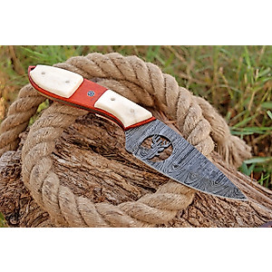 TMBrands Damascus Hunting Knife, Fixed Blade Knife, Camping Knife & Gift Knives with Rose Wood & Bone Handle & Leather Knife Sheath