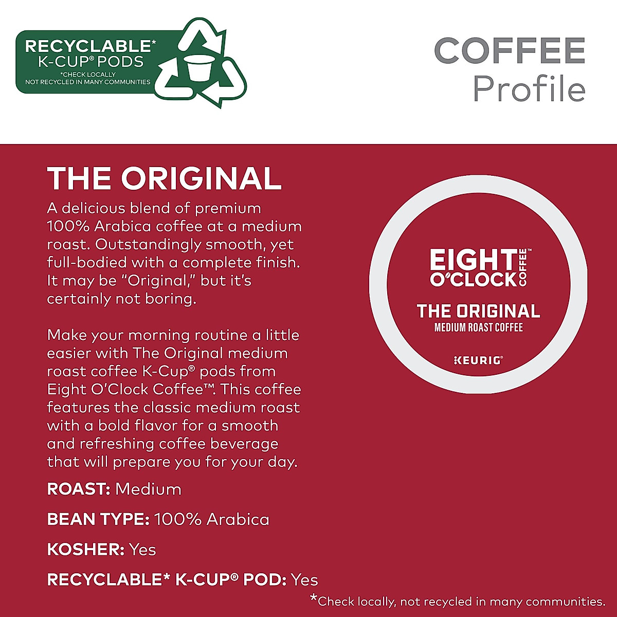 Eight O'Clock Coffee The Original, Single-Serve Keurig K-Cup Pods, Medium Roast Coffee Pods, 72 Count