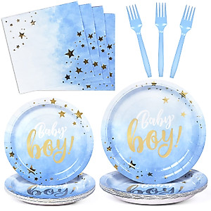 DECORLIFE Baby Shower Plates and Napkins for Boy Serves 24, Blue Baby Boy Plates, Forks Included, Total 96PCS