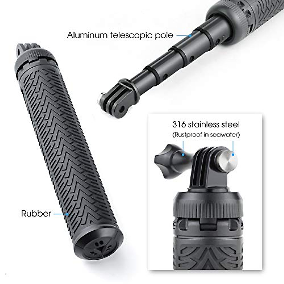 SOONSUN 3-in-1 Aluminum Telescoping Selfie Stick Waterproof Monopod Pole Handheld Grip Tripod Stand for GoPro Hero 11 10 9 8 7 6 5 4 3 2, Fusion, Max, Session, AKASO, SJCAM, DJI OSMO Action Camera