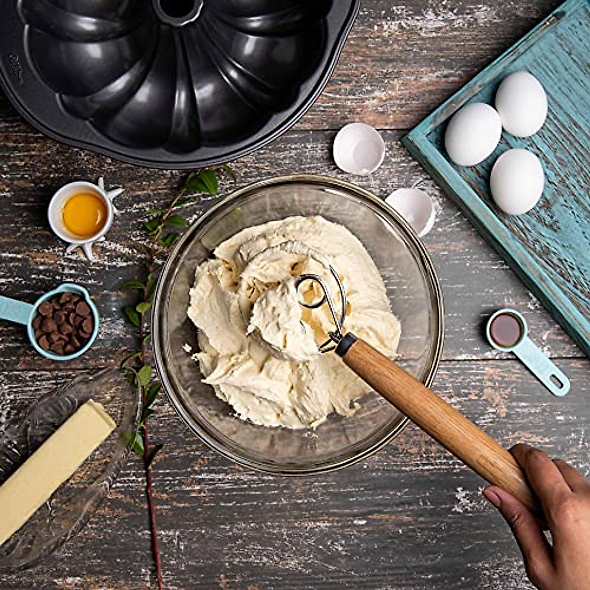 Sofease The Original Danish Dough Whisk - 304 Stainless Steel Ring Nonstick Dutch Whisk for Dough - Long Wooden Danish Dough Whisker Bread Mixer Handle Bundle with Flexible Plastic Scraper Cutter