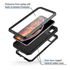 Lanhiem iPhone Xs Max Metal Case, Heavy Duty Shockproof [Tough Armour] Rugged Case with Built-in Glass Screen Protector, 360 Full Body Protective Cover for iPhone Xs Max (6.5" 2018) -Black