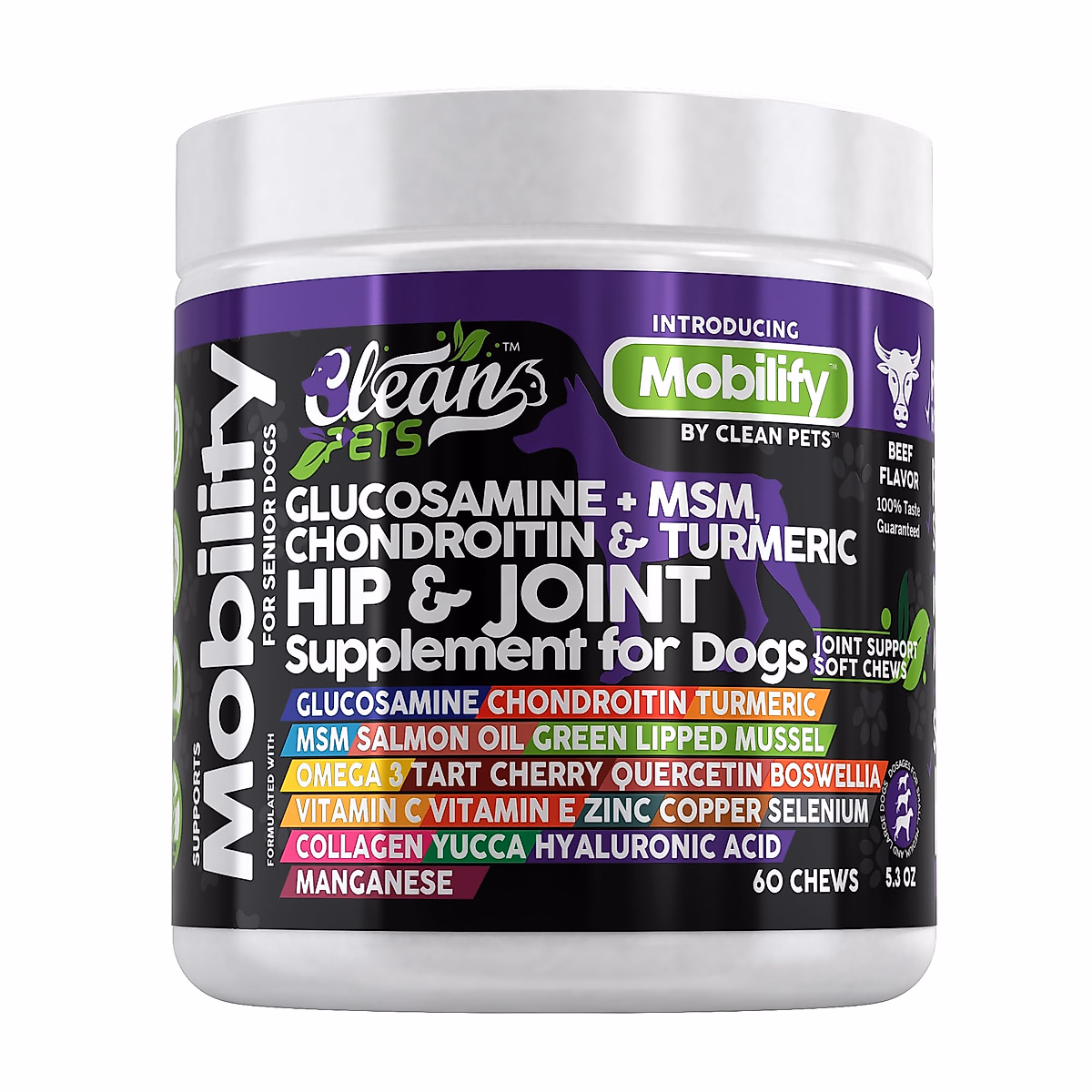 Hip and Joint Supplement Dogs with Glucosamine for Dogs + Chondroitin, Turmeric, Hyaluronic Acid, MSM, Salmon Oil, Collagen, Vitamin C, Omega 3 Senior Dog Supplements Beef Flavor by Clean Pets