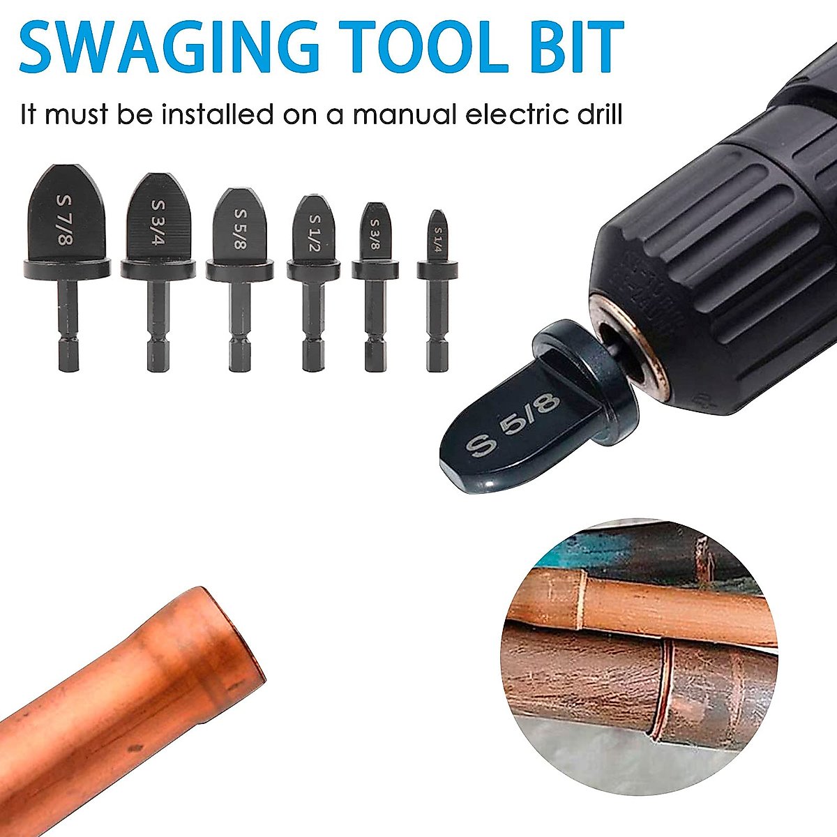 6Pcs Hex Handle Swaging Tool Drill Bit Set, Copper Pipe Flaring Tools, Air Conditioner Tube Expander, Professional Round Handle Tube Swage Repairing Set with 1/4, 3/8, 1/2, 5/8, 3/4 Bits