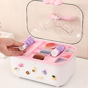 Girls Hair Accessories Storage Box, Cute Hair Accessories Organizer, Jewelry Box with Upper and Lower Layers, Deer Horn Handle, Bow Switch Girls Multipurpose Organizer and Portable Storage Box (Pink)