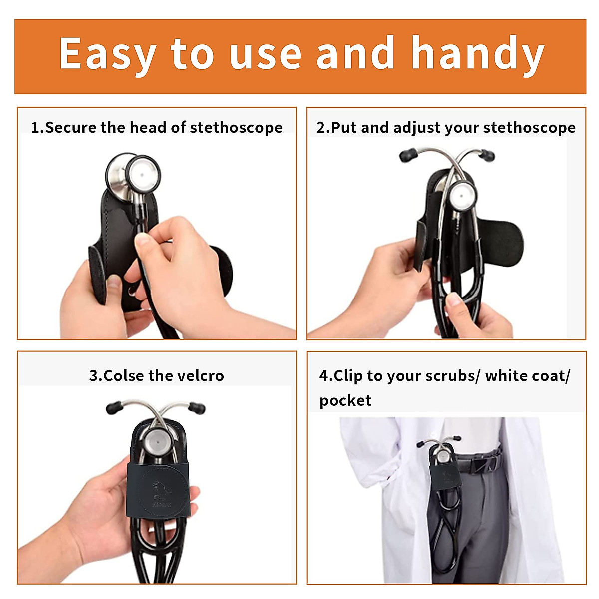 Aiotve Stethoscope Holder-Stethoscope Clip Hip Holder,Premium Leather Handmade Clip-on Stethoscope Hip Holder for Easily Accessible, Hygienic Stethoscope Attachment, for Physicians/Nurses(Black)