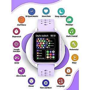 Butele Kids Smart Watch Girls Boys, Smart Watch for Kids Game Smart Watch Gifts for 4-16 Years Old with Sleep Mode 20 Sports Modes 5 Games Pedometer Birthday Gift for Boys Girls (Purple)
