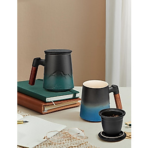 suyika Tea Cup with Infuser and Lid, 15.2 Ounce Wood Handle Ceramic Loose Leaf Tea Mug,Embossed Tea Steeping Mug for Gifts, Gradient Black&Blue 450ml
