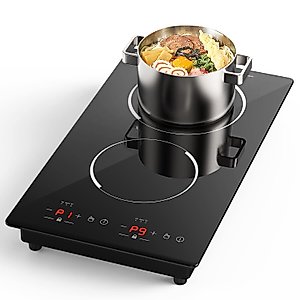 GIHETKUT Double Induction Cooktop, 110V Electric Cooktop 2300W Electric Stove Top with 2 Burner Independent Control, Ultrathin Body, 9 Temperature, Multiple Power Levels, 2 Hour Timer, Safety Lock