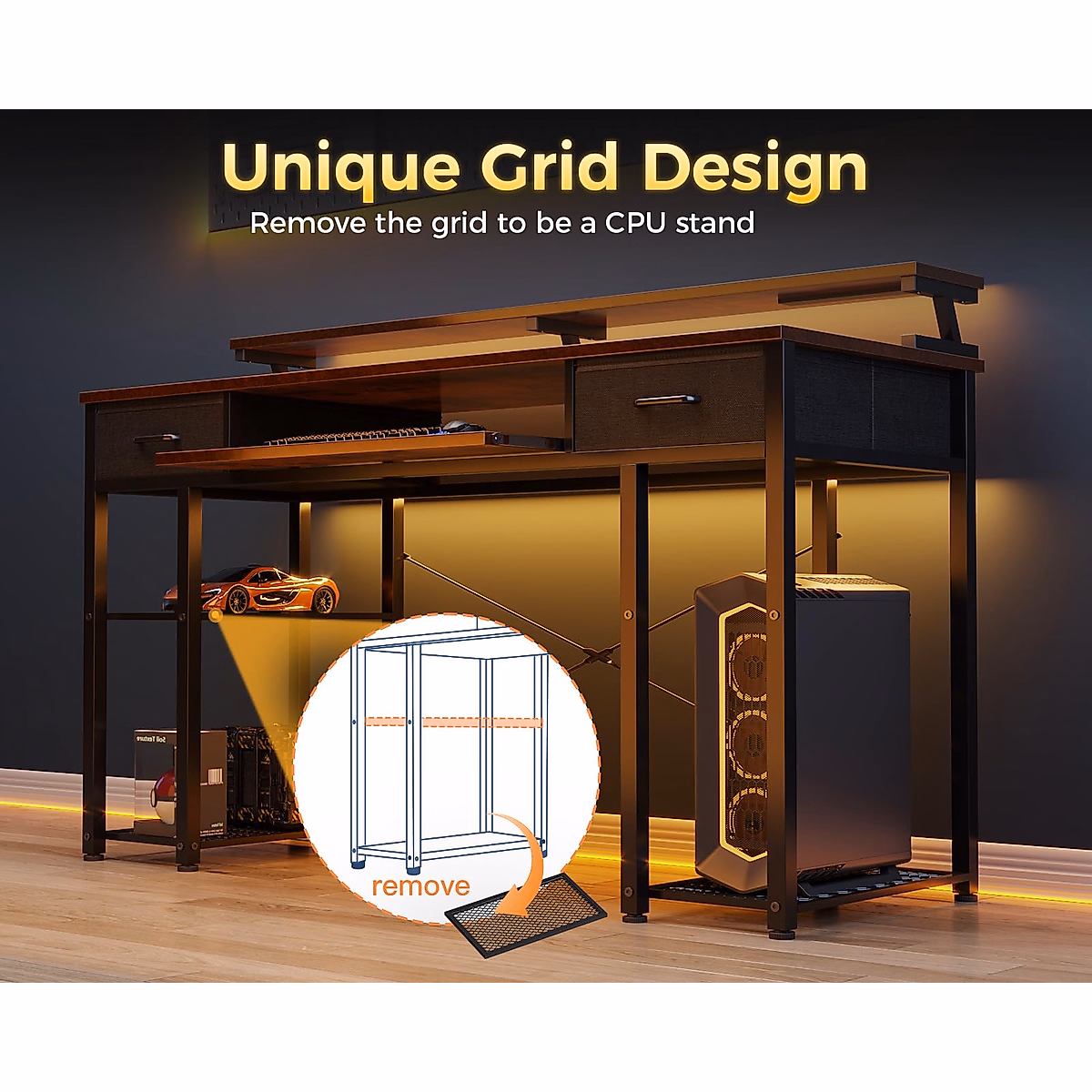 ODK Computer Desk with LED Lights & Power Outlet, 48 Inch Gaming Desk with Keyboard Tray & Drawers & Storage Shelves, Office Table Work Desk with Monitor Stand & PC Stand, Rustic Brown