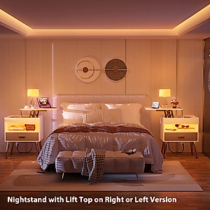 Cyclysio 35'' Nightstands Set of 2 with Reversible Lift Top, Large Night Stand with Lights, Tall Bedside Table with Charging, White Modern Side Table
